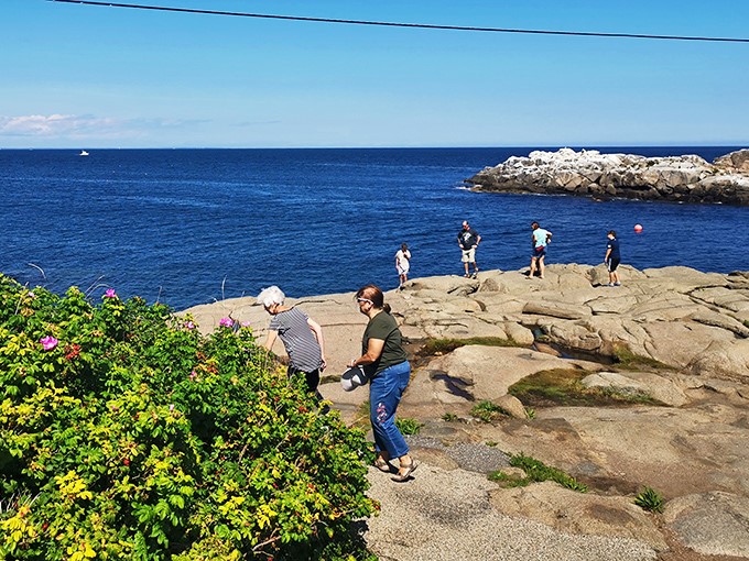 Rock-hopping: the official sport of coastal explorers. These brave souls are one slip away from an unexpected swimming lesson!