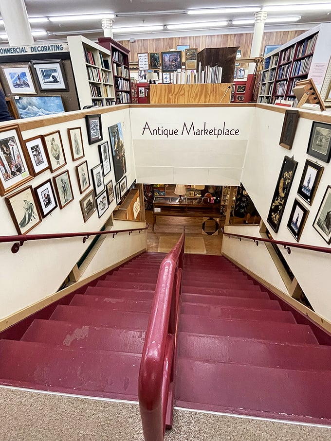 Stairway to heaven? Nope, just the upper floor! But with walls adorned like a museum, who needs pearly gates when you've got vintage gates?