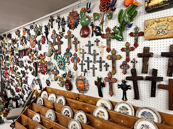 Holy tchotchkes, Batman! This wall is a kaleidoscope of Southwestern flair that would make Georgia O'Keeffe dizzy.