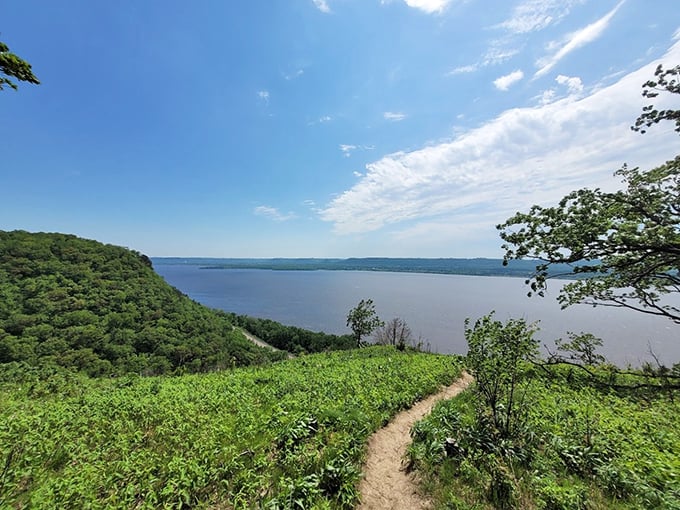 What a breathtaking view! You should hike up this path to enjoy the gorgeous panorama of the Mississippi River Valley.