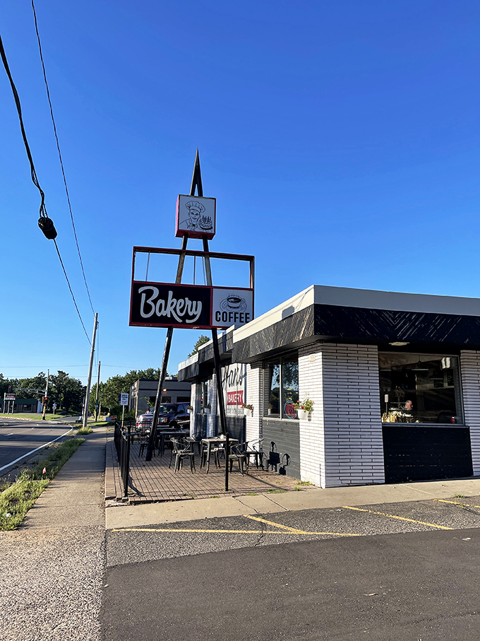 Blue skies and baked goods: Hans' Bakery's sign is like a beacon of hope for the carb-deprived traveler.
