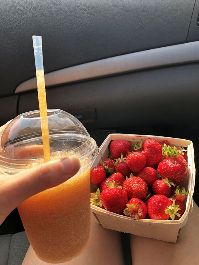 The ultimate road trip combo. Nothing says "summer in Vermont" quite like fresh strawberries and a frosty apple cider slushee.