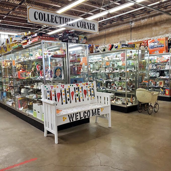 Collector's corner calling! This inviting display is a siren song for trinket lovers. That welcome bench is just begging for a photo op!