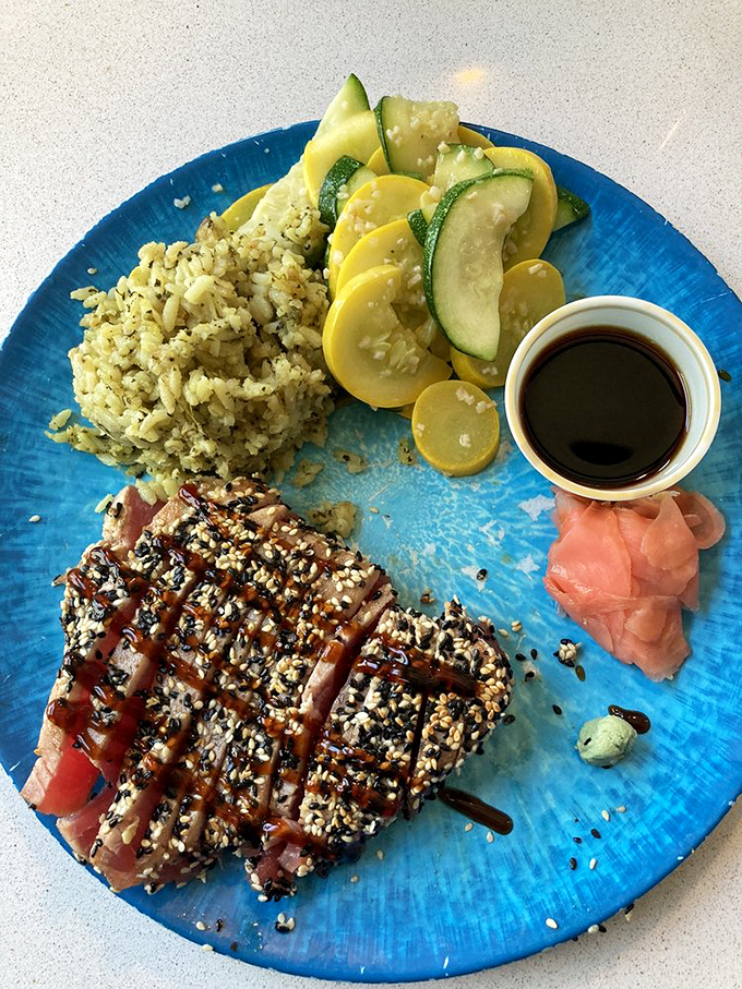 Sesame-crusted tuna that's pinker than a flamingo's blush. It's so pretty, you almost don't want to eat it. Almost.