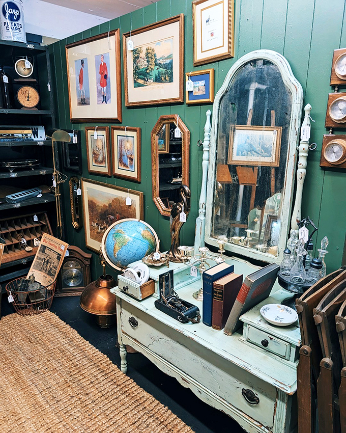 Wall-to-wall nostalgia! This green-hued haven is where forgotten treasures find new life and new stories to tell.