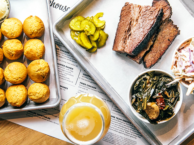 Comfort food squared! Golden cornbread muffins cozy up to mouthwatering brisket, creating a match made in barbecue heaven.