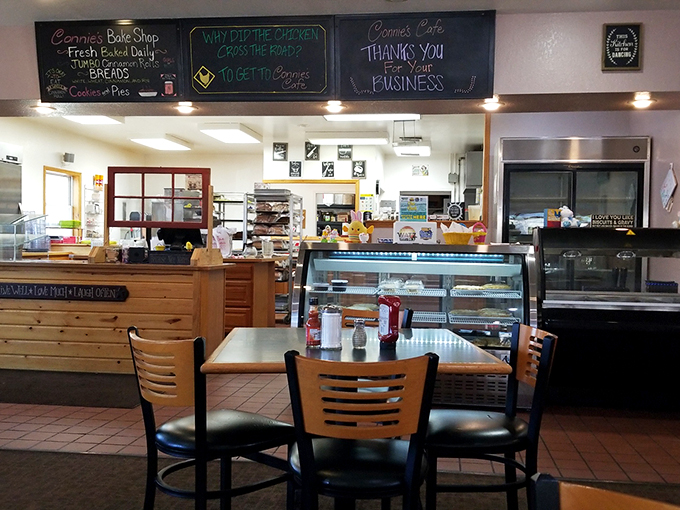 Behind the counter, where breakfast dreams come true. It's like Willy Wonka's factory, but instead of chocolate, they're crafting comfort food masterpieces.