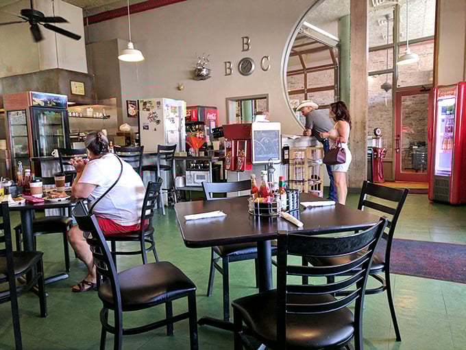 Retro charm meets modern comfort in this dining area. It's like your cool grandma's kitchen got a hipster makeover.