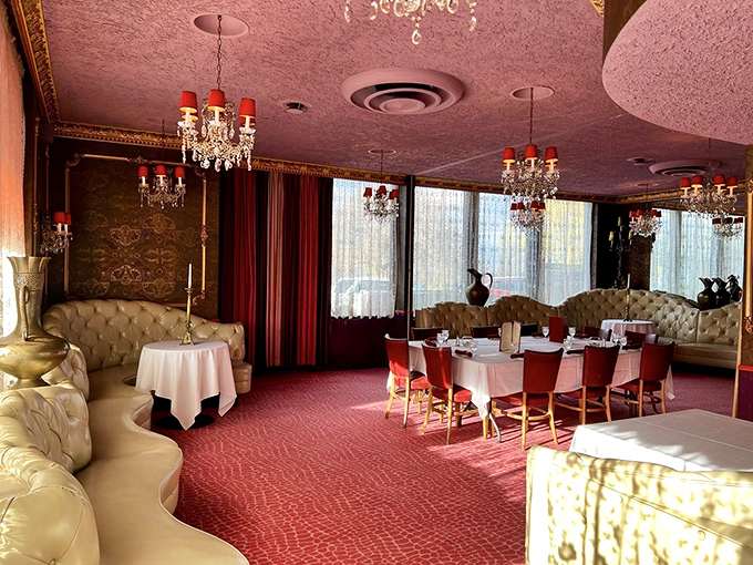Pink as a 1950s bathroom and twice as fabulous! This dining area is where "The Great Gatsby" meets "Grease" for a night out.