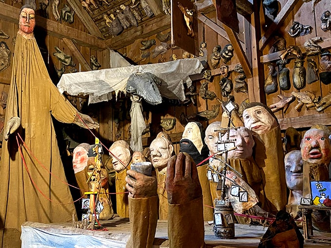 A puppet's last supper or a really wild board meeting? Either way, this scene is serving up a hefty dose of surreal charm.