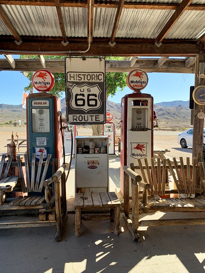 Who needs a fancy patio when you've got this slice of Americana? Grab a seat, sip on a cold one, and watch the tumbleweeds roll by. It's the Route 66 way!