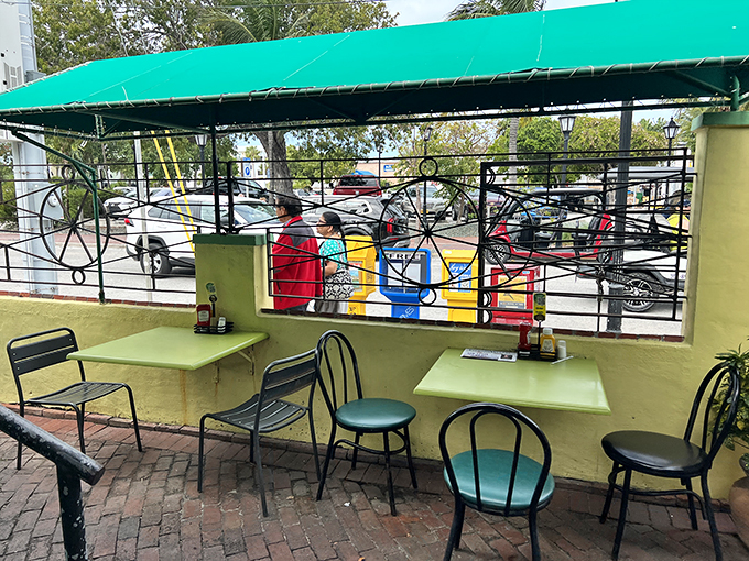 Pull up a chair and stay awhile! This cozy outdoor seating area is the perfect spot for some serious pie contemplation.