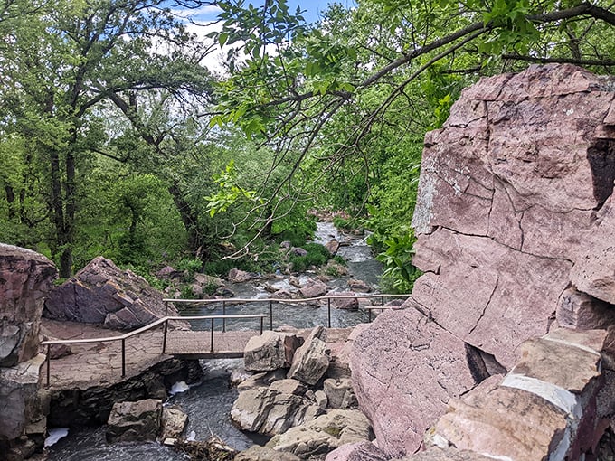 Bridge over not-so-troubled waters. This serene crossing feels like stepping into a Bob Ross painting &ndash; happy little trees included.