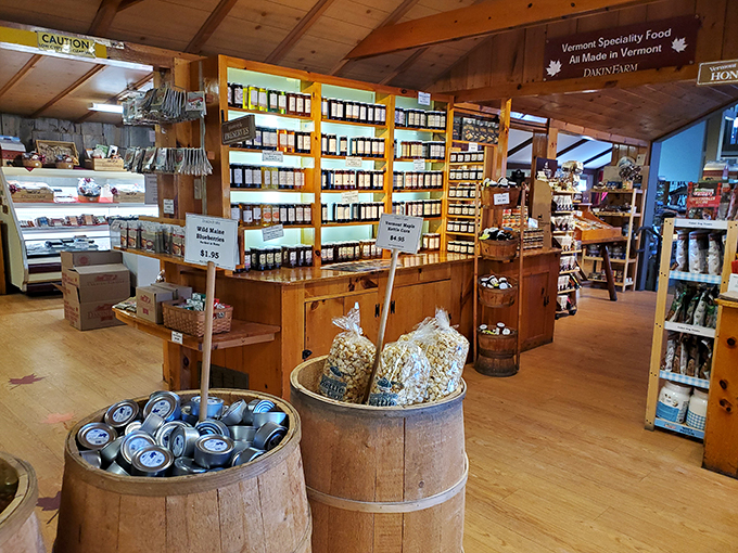 A cornucopia of Vermont's finest! This display is more packed with local flavor than a cow-tipping competition at the state fair.