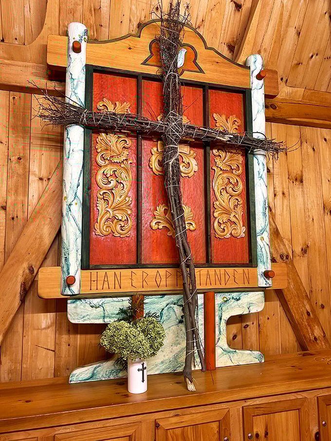 Holy smokes, that's some fancy woodwork! This ornate display is giving serious "Vikings meet Renaissance fair" vibes.