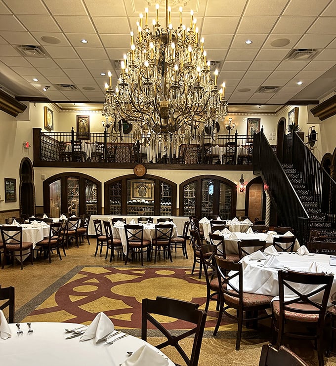 Chandeliers that could make Versailles jealous. This dining room isn't just a place to eat; it's where memories are made and diets are forgotten.