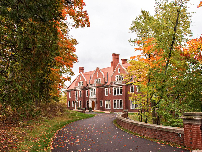 Autumn in Minnesota: where the leaves and the mansion compete for who can rock red better.