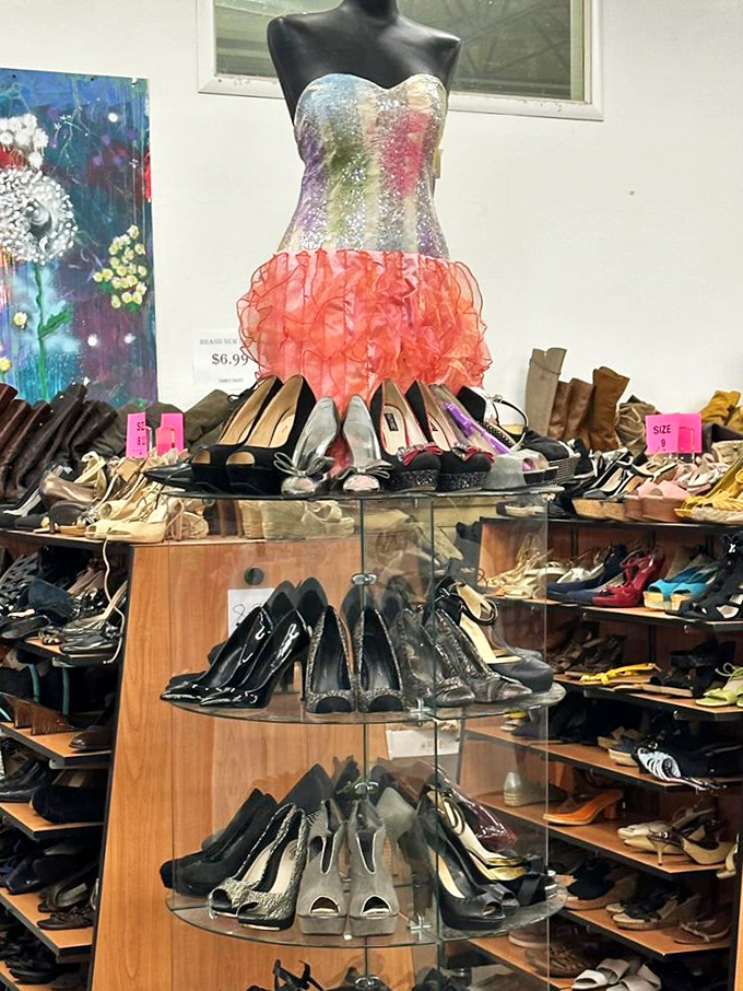 If Cinderella had a thrift store... This shoe display is a fairytale come true, where glass slippers are replaced by an enchanted forest of footwear.