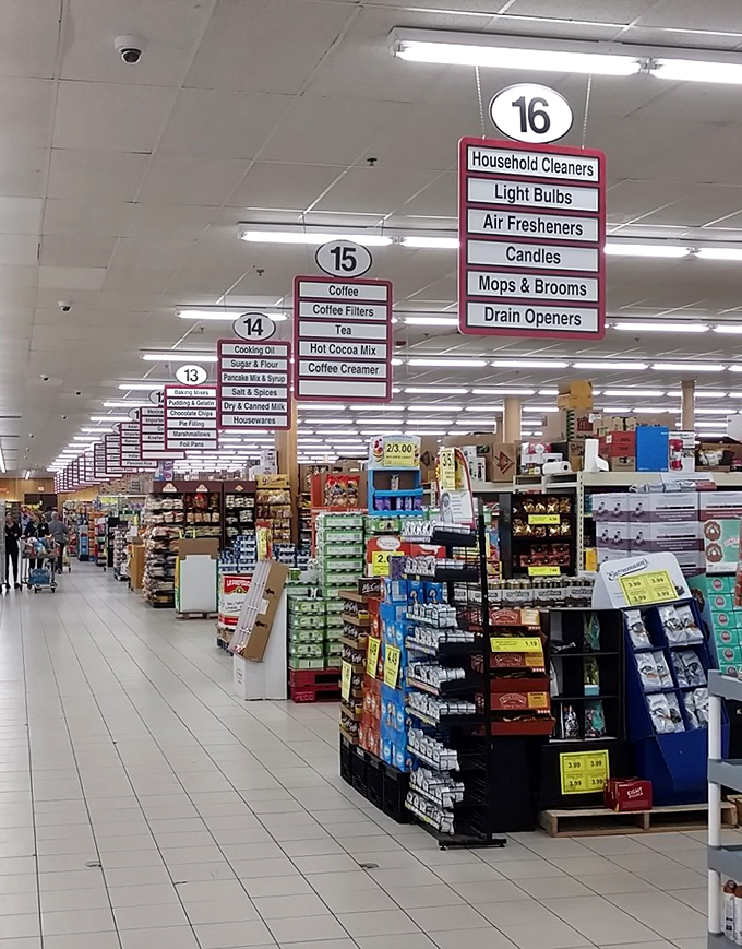 Navigation made easy, or a roadmap to deliciousness? These aisle signs are like the Dewey Decimal System for groceries. Who knew household cleaners and candles were such close neighbors?