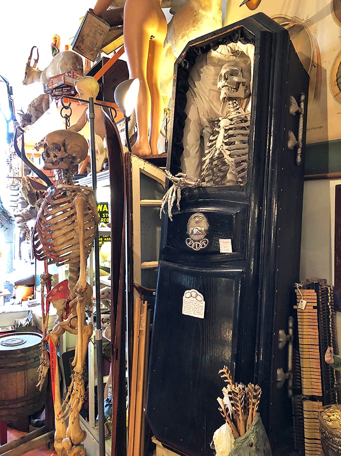 Skeletons in the closet? Nah, they're right out in the open here! This bony greeter is ready for his close-up, Mr. DeMille.