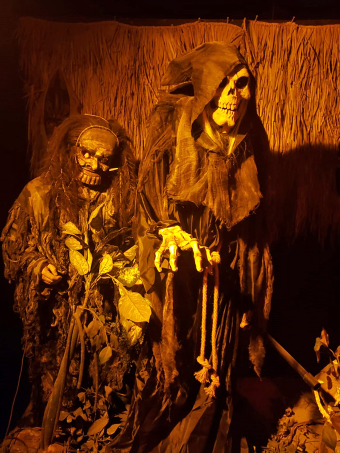 These skeletal greeters are a bit thin, but they've got spirit! Maybe they're just waiting for a good Wisconsin fish fry.