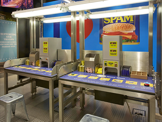 SPAM-tastic factory simulation! Visitors can pretend to be meat magicians, creating the iconic canned delicacy without getting their hands greasy.