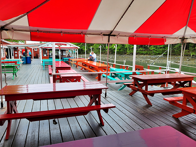 Welcome to the rainbow connection! These vibrant picnic tables are like a Crayola box exploded in the best way possible.