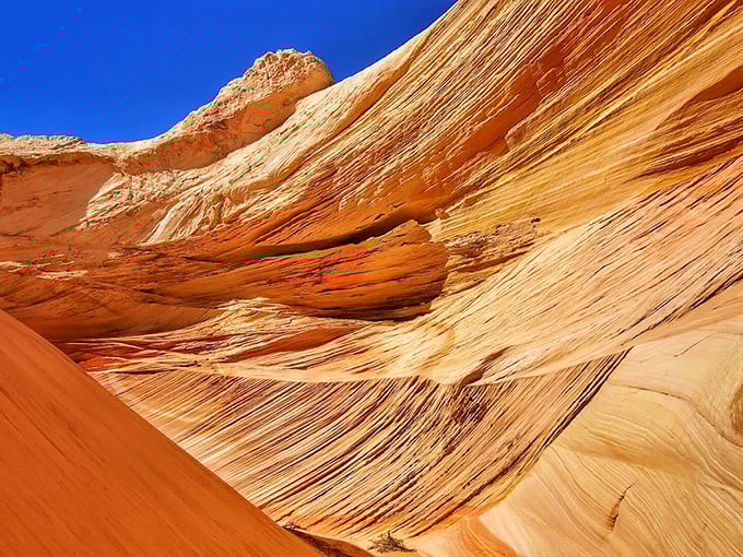 Nature's lava lamp: Swirling patterns of red and white stone create a landscape that looks like it's in constant motion.