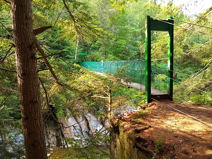 Swirling waters below, wobbly bridge above. Who needs amusement parks when you've got Clarendon Gorge?