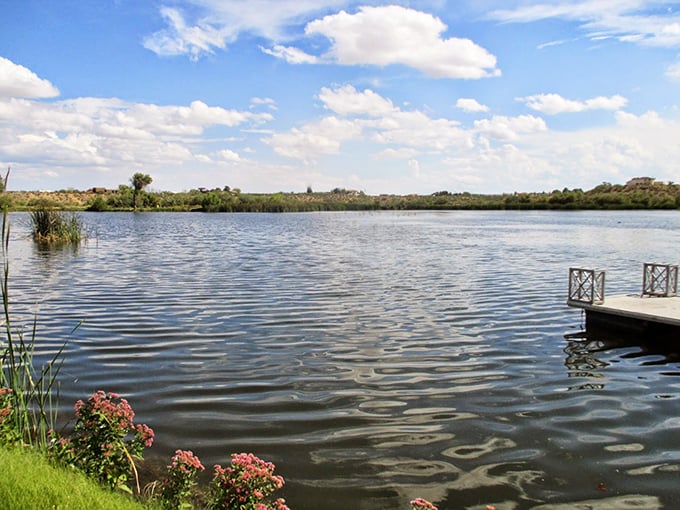 Tranquil waters mirror a cloudscape canvas, as nature's dock invites peaceful contemplation at this serene lake oasis.