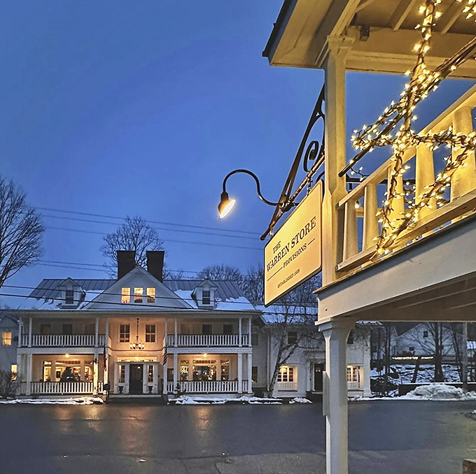 A waterfall of holiday cheer. Warren's natural beauty gets a festive makeover in this picturesque scene.