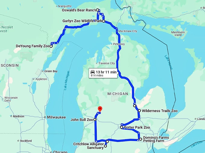 animal road trip michigan map