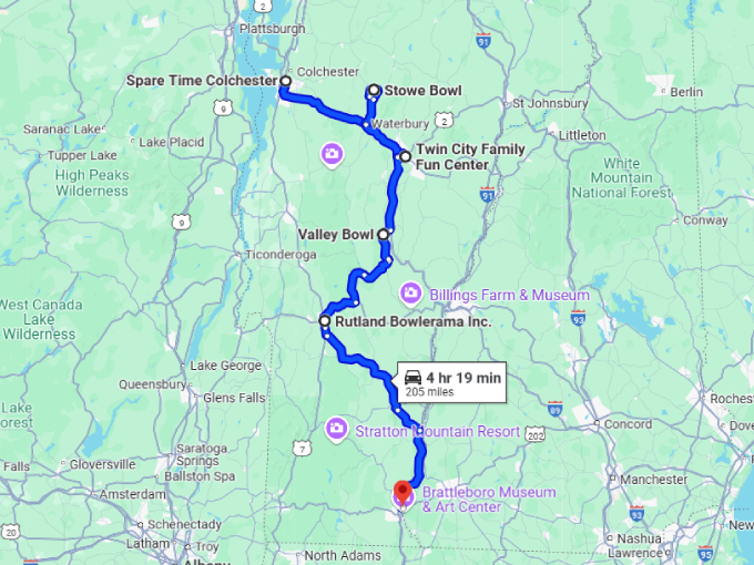 bowling road trip vermont map