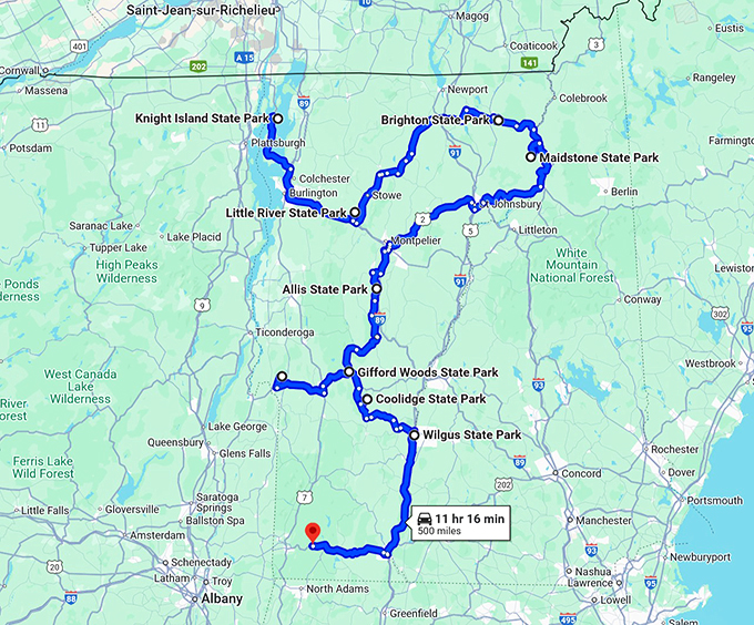 camping road trip vermont map