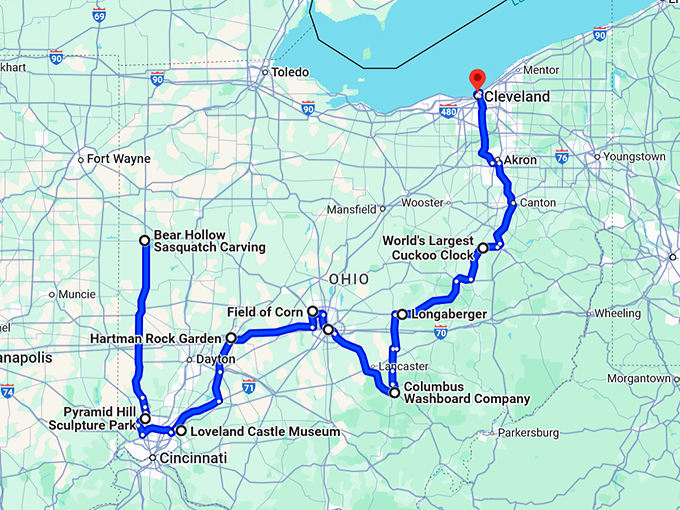 quirky ohio road trip map