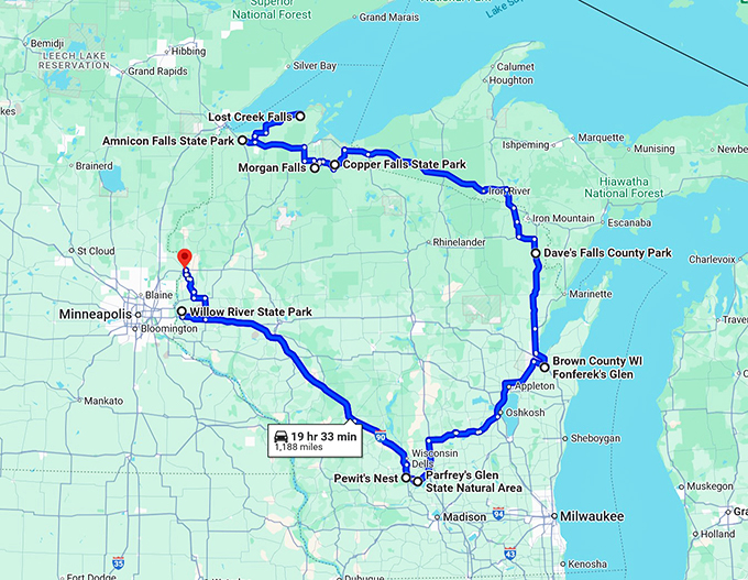 scenic waterfall trip wisconsin map
