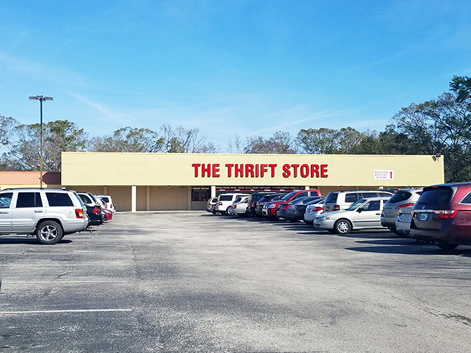 Welcome to bargain paradise! The Thrift Store's bold red letters promise a treasure trove of secondhand wonders waiting to be discovered inside.