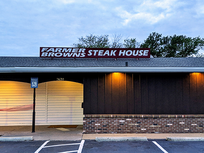 Welcome to beef paradise! Farmer Brown's Steak House stands proud against the Nebraska sky, promising a carnivore's dream come true.