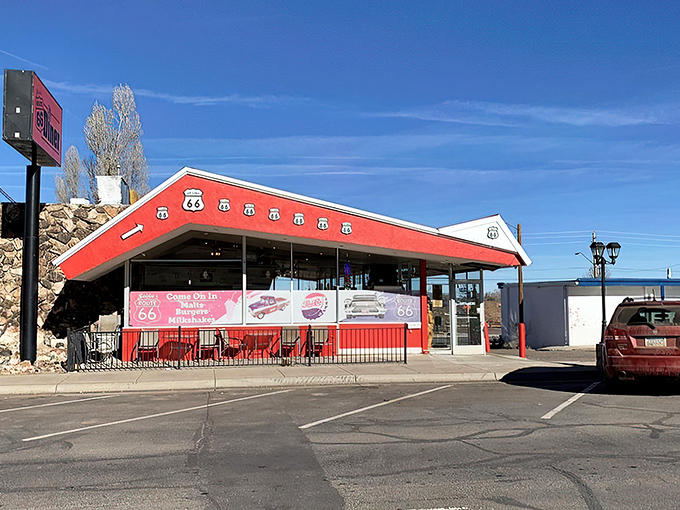 Route 66 never looked so delicious! Goldie's red exterior is like a beacon for hungry travelers, promising classic diner delights inside.