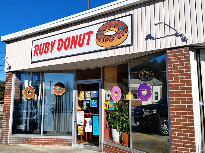 Welcome to donut paradise! Ruby Donut's cheerful exterior promises a world of sweet delights inside, with colorful decorations that'll make your inner child squeal with joy.