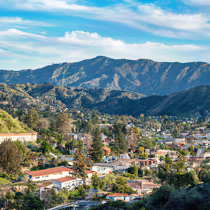 Topanga: Where the mountains meet the sky and hippie vibes never die. This aerial view showcases the town's stunning natural beauty and eclectic charm.