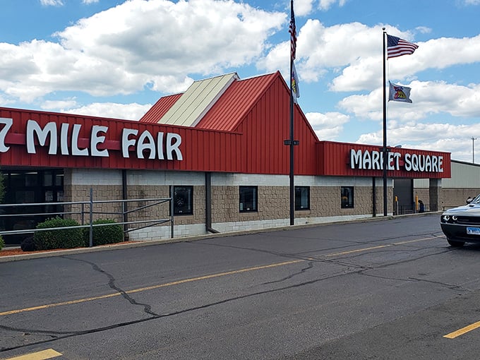Welcome to bargain hunter's paradise! 7 Mile Fair's iconic red barn facade promises a treasure trove of deals and unexpected finds. It's like Black Friday, minus the pepper spray.