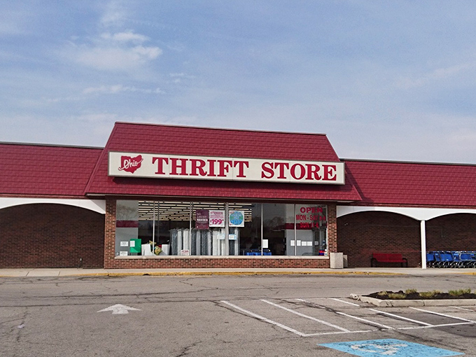 A bargain hunter's paradise awaits! This red-brick behemoth is like a siren call to thrifty shoppers everywhere.