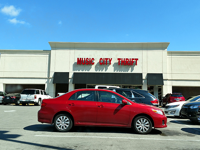 "Welcome to the Promised Land of Preloved Treasures!" Music City Thrift's exterior beckons like a siren song to bargain hunters and nostalgia seekers alike.