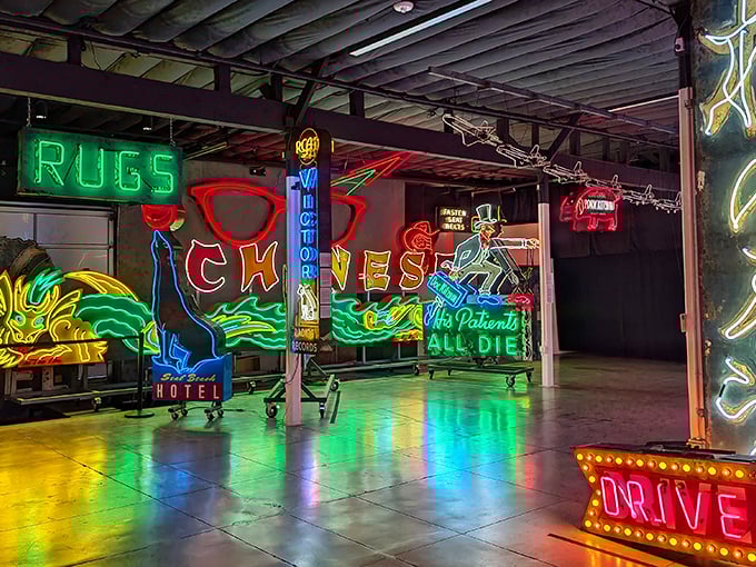 Step into a world where the night never sleeps! This neon wonderland is like Vegas had a baby with a time machine.