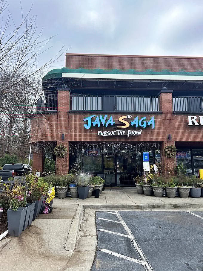 Java Saga: Where coffee dreams and fried chicken fantasies collide! This brick-faced beauty is like the Willy Wonka factory of caffeine and comfort food.