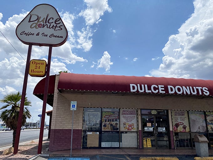 A sweet oasis in the desert! Dulce Donuts stands ready to satisfy your cravings 24/7, like a sugary lighthouse guiding you home.