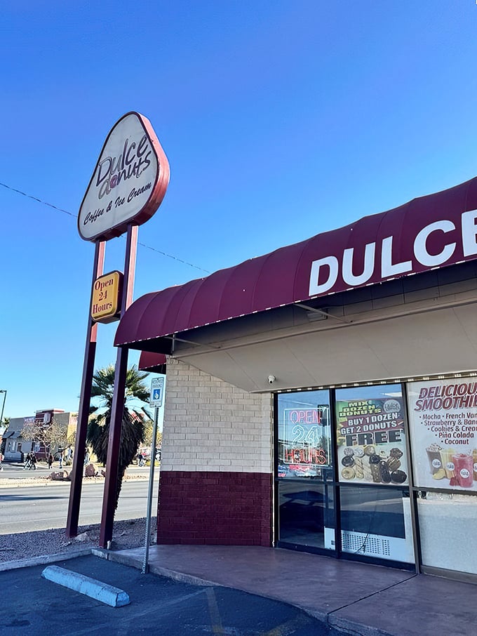 A sweet oasis in the desert! Dulce Donuts stands ready to satisfy your cravings 24/7, like a sugary lighthouse guiding you home.