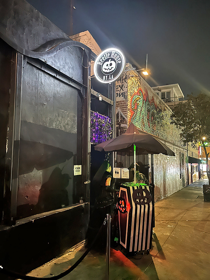 Step into a world where Halloween never sleeps! Beetle House's exterior beckons with a mischievous grin, promising a night of delightful frights and culinary delights.