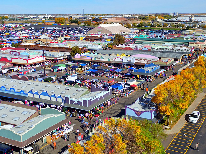 A kaleidoscope of tents, treasures, and bargain hunters sprawls across the Mile High Flea Market. From above, it's a vibrant patchwork of colors, crowds, and countless possibilities for the perfect find.